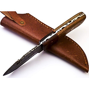 Rare Custom Damascus Fuller Gut Hook Knife Skinning Knife Hunting Knife |Outdoor Knife Camping Knife | Color Wood Handle with Free Genuine Leather Sheath (S-76)