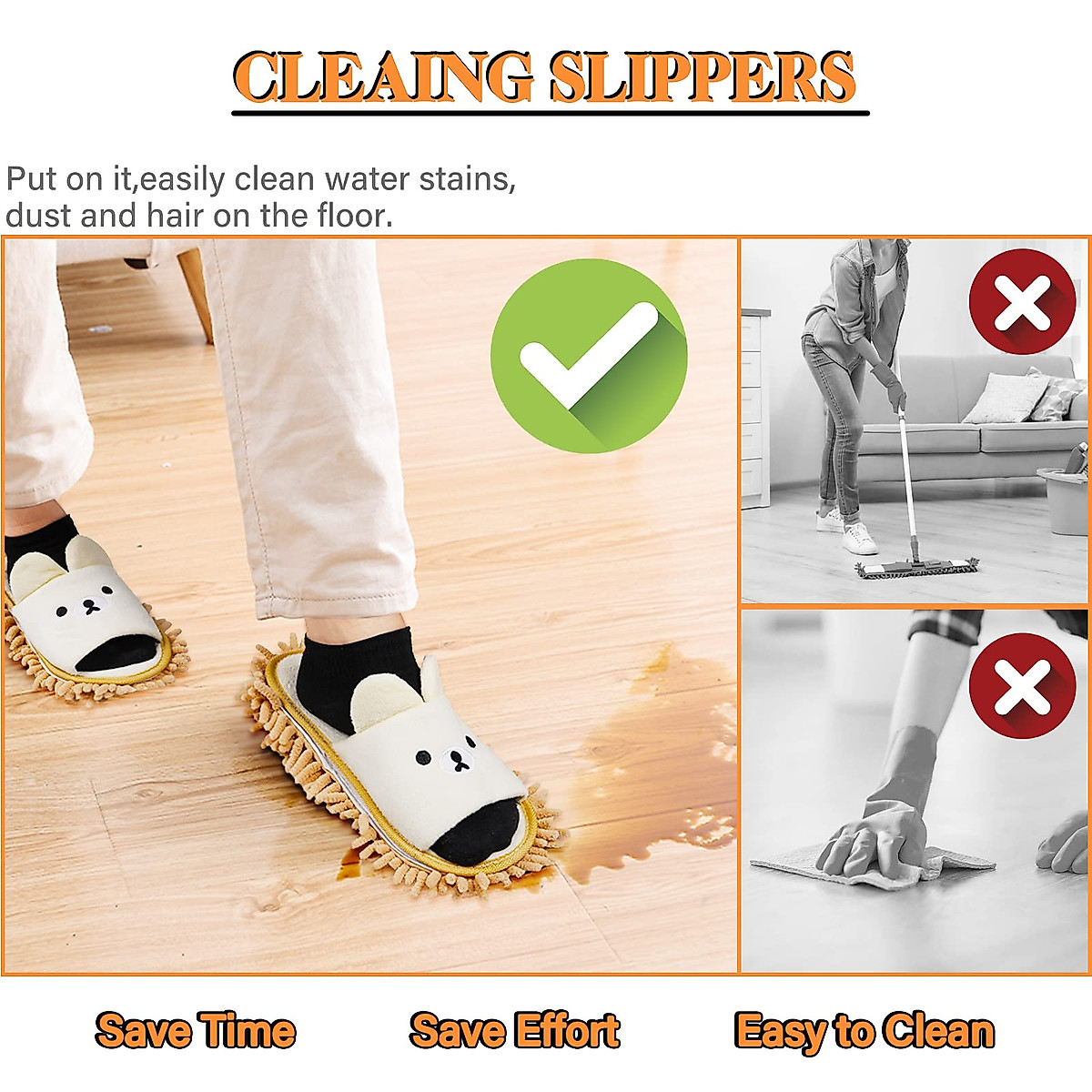 Liitrton 1 Pair Washable Mop Slippers Shoes Microfiber Chenille Reusable Dust Dirt Hair Cleaner for Office House Polishing Cleaning (Beige)