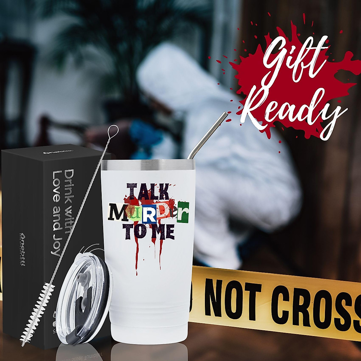 Onebttl True Crime Gifts for Crime Fans, True Crime Lovers, Serial Killer Gifts for Women, Men, Junkie, Talk Murder To Me, Stainless Steel Travel Mug Cup Tumbler, 20oz, White