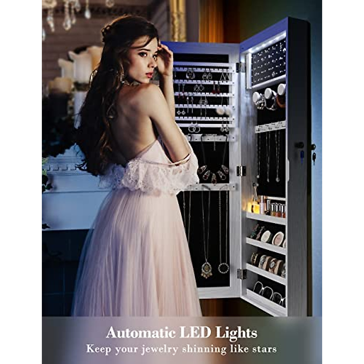 Nicetree 6 LEDs Mirror Jewelry Cabinet with 3 Improvements, 4.2" D Lockable Mirror with Jewelry Storage, Door/Wall Mounted Jewelry Organizer Mirror, Larger Capacity, White