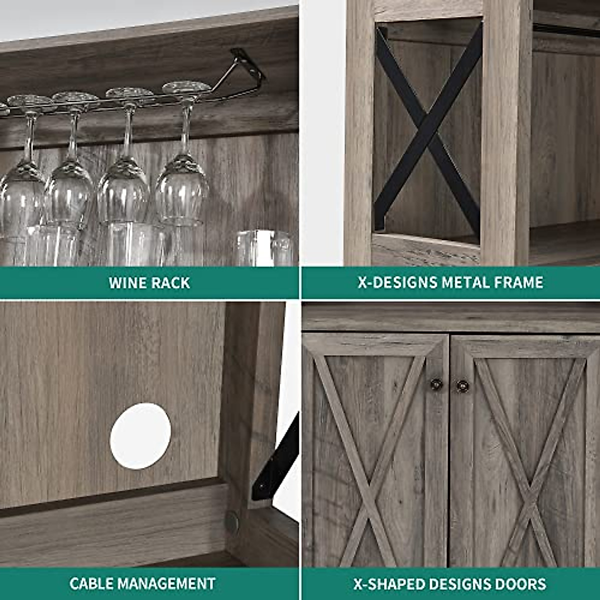 YITAHOME Bar Wine Cooler, 67" Tall Kitchen Storage Cabinet with Wine Rack, Open Storage Shelves, Farmhouse Kitchen Storage Cabinet with Wooden Doors for Living Room, Living Room, Grey Wash