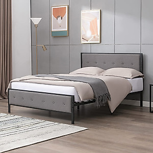Mixoy Cal King Size Modern Metal Bed Frame with Linen Headboard, Platform Bed with Metal Slat Support, Noise Free, No Box Spring Needed(Cal King/Dark Grey)