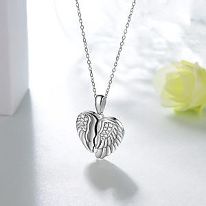 SVODEA Heart Photo Angel Wings Locket Necklace That Hold Pictures Photo,925 Sterling Silver Photo Locket Necklaces with 5A Cubic Zirconia, Sterling Silver, Cubic Zirconia