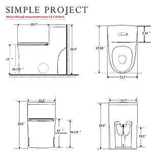 Simple Project Compact Elongated One Piece Toilet - Space-saving Solution For Small Bathrooms - Small Dual Flush Toilet, 16.5" Comfort Height Bowl, 12" Rough-in - White