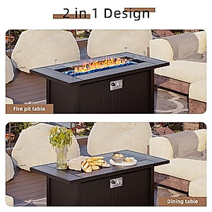 Shintenchi 45 Inch Propane Fire Pit Table with Glass Window Protector, Outdoor 50,000 BTU Steel Gas Fire Pit with Lid, Glass Crystal Stone, Waterproof Cover and Rattan Pattern for Patio, Yard, Party