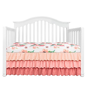 3 pcs Set Boho Floral Ruffle Baby Minky Blanket, Peach Floral Nursery Crib Skirt Set Baby Girl Crib Bedding (Coral)