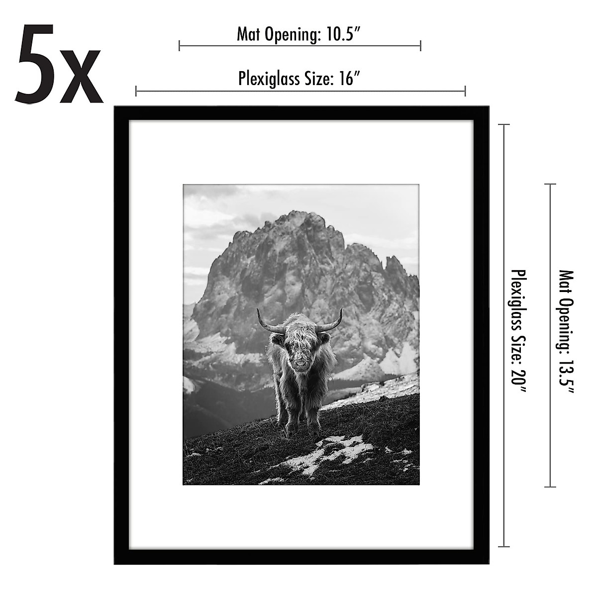 Americanflat 16x20 Picture Frame with Polished Plexiglass - Set of 5 - Use as 11x14 Frame with Mat or 16x20 Frame Without Mat - Galleria Collection - Gallery Wall Frame Set for Wall Display - Black