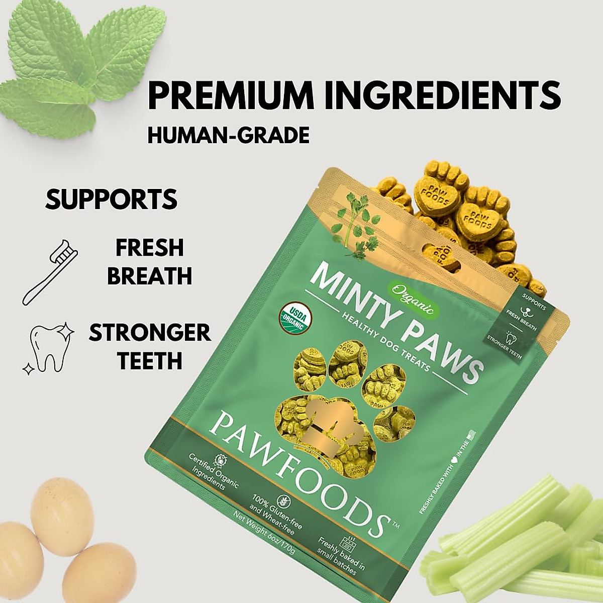 PawFoods Treats - Minty Dog Dental Treat - Organic Dog Treats Chews, Healthy Dog Mints for Bad Breath, Dog Breath Freshener & Teeth Strength, Only 5 Cal, Approx. 60 Treats Per Bag - 170g - Made in USA