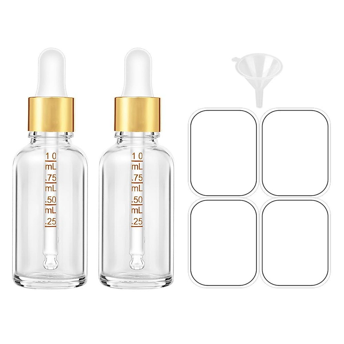 Bumobum Dropper Bottle Clear 1 oz, 30 ml Glass Dropper Bottles with Measurement and Golden Top Cap for Essential Oils, 2 pack Tincture Bottle with Labels and Funnel