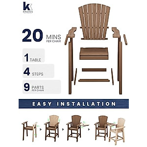 KINGYES Embossed Balcony Chair, Tall Adirondack Chair Set of 2 Outdoor Adirondack Barstools with Connecting Tray, High Airondack Chair with Wood Grain, Brown