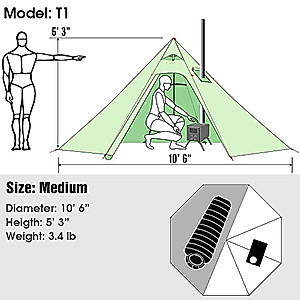 Preself 2 Person Lightweight Tipi Hot Tent Model T1 Size Medium Teepee Tents for Family Team Outdoor Backpacking Camping Hiking (Olive)