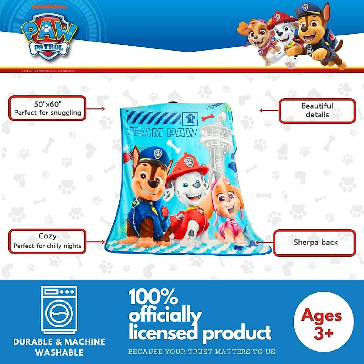 Franco Paw Patrol Kids Bedding Soft Plush Sherpa Blanket Throw, 50 in x 60 in, (Officially Licensed Product)