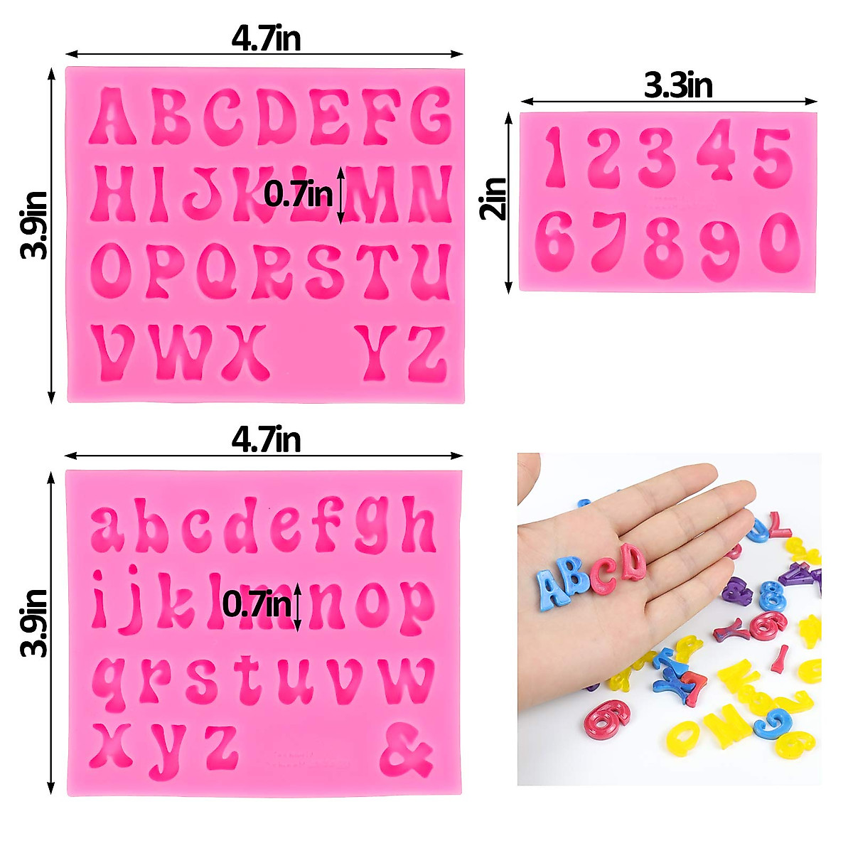 Palksky 3 Pieces Letter Molds for Chocolate Covered Strawberries, Silicone Fondant Molds for Breakable Hearts and Cake Decorating, Lowercase Uppercase Number Molds for Candy Gummy Ice Cube Tray Resin