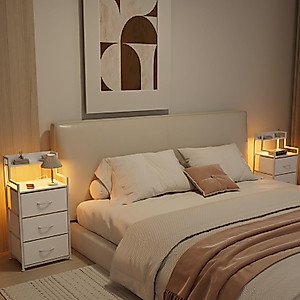 Leadpro Tall Nightstand with Light and Charging Station, Night Stand with 3 Fabric Drawers and Storage Shelf, Nightstands Bedside Tables with USB Ports Outlets for Bedroom, Home, Dorm (White)