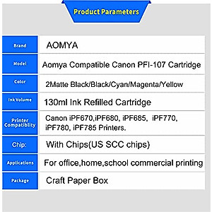 Aomya Compatible Canon PFI-107 6 Pack 5 Colors Ink Tanks 2 PFI-107MBK(Pigment),1 PFI-107BK PFI-107C PFI-107Y PFI-107M for for iPF680, 685, 780, 785