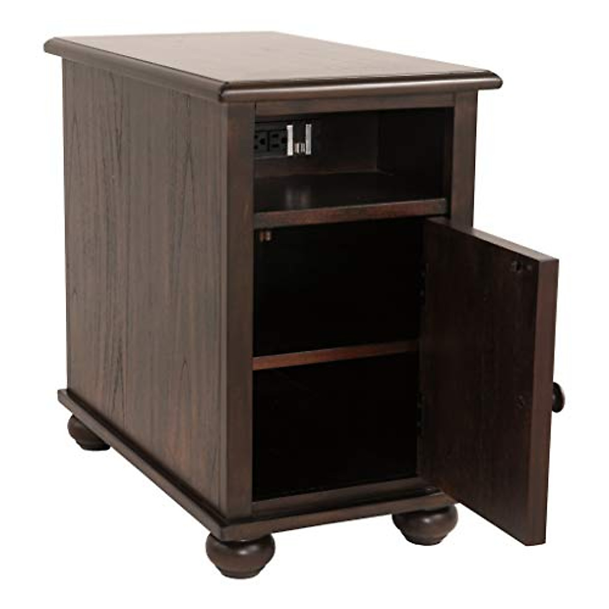 Signature Design by Ashley Barilanni Traditional Chair Side End Table with 1 Storage Cubby, 2 Fixed Shelves, 2 USB Ports & Outlets, Dark Brown