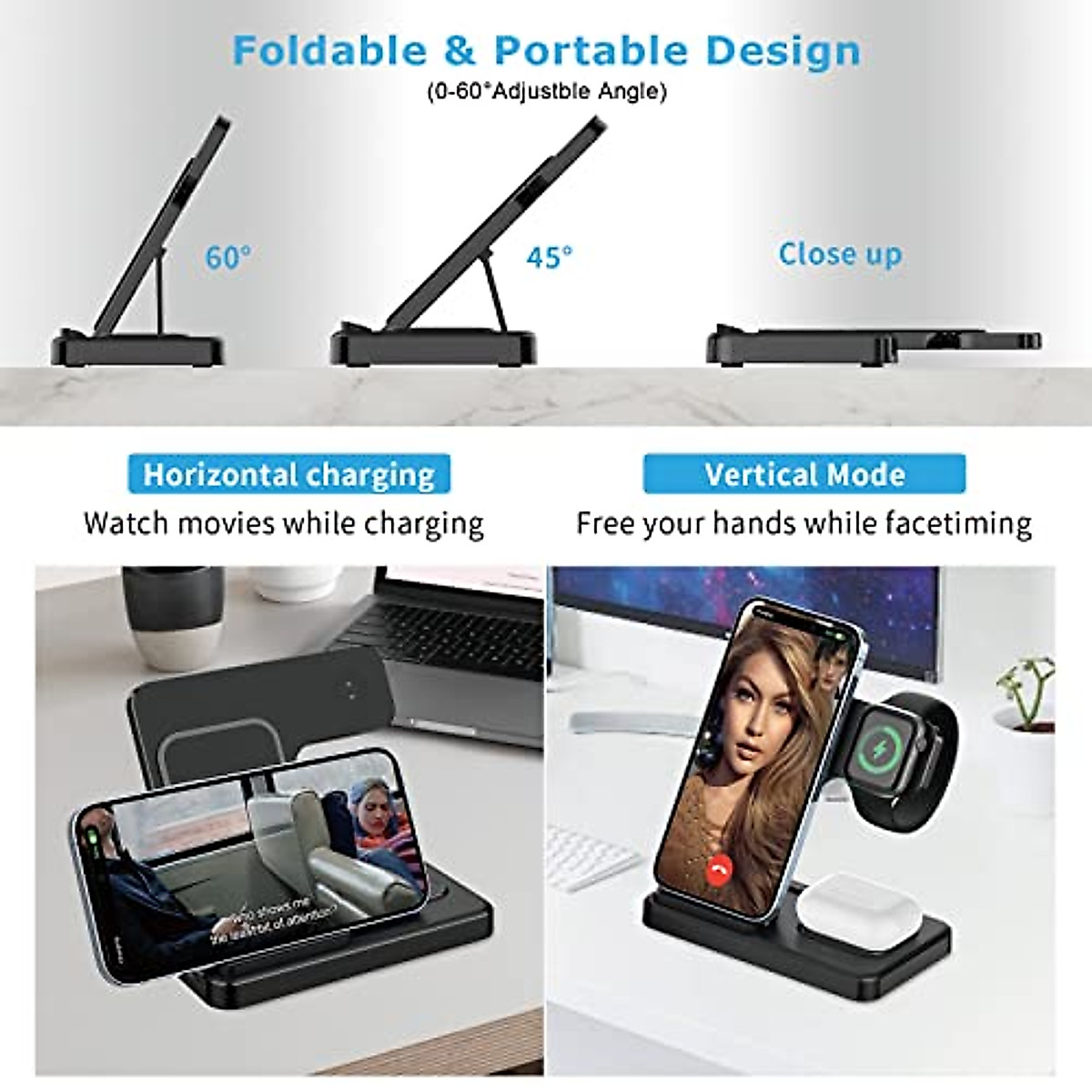 ImmSss Wireless Charger 3 in 1, 15W Fast Charging Station Compatible with Apple iWatch 8/Ultra/7/6/SE/5/4/3/2/1,AirPods 3/2/1/Pro,iPhone14/13 Pro/Pro Max/12/11/X/Xr/Xs/8 Plus/Galaxy Phone Series