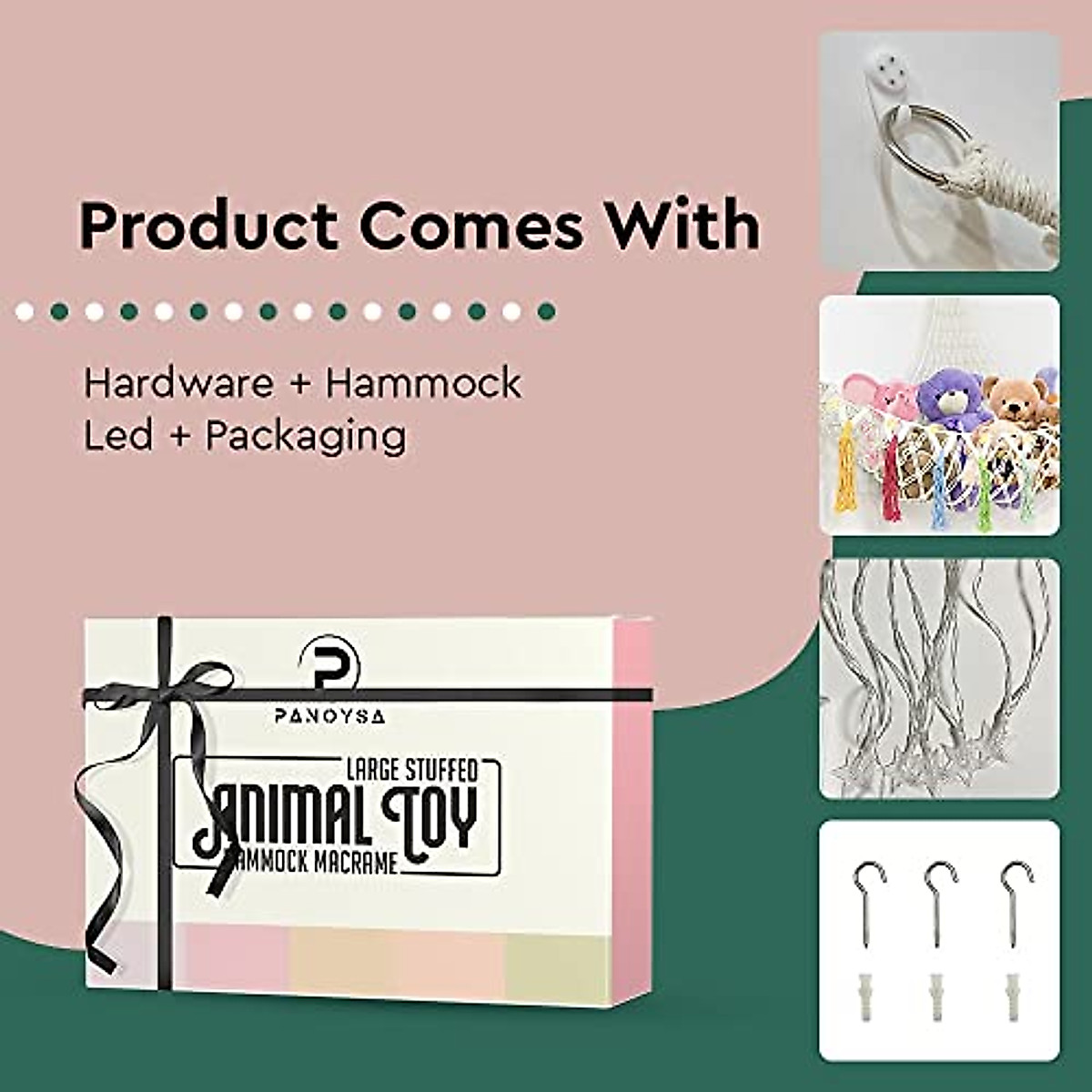 Large Stuffed Animal Toy Storage Hammock 60 Inch Star Light, Stuffed Animals Net or Hammock Macrame Stuff Animal Storage Corner Hanging Net Holder Toy Organizer with Tassel & Hooks for Bedroom,Nursery