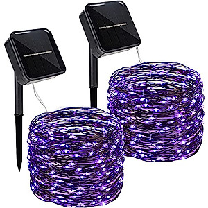 Twinkle Star 33 FT 120 LED Outdoor Solar String Lights, Solar Powered Halloween Decorative Fairy Lights with 8 Modes, Waterproof Black Wire Light Christmas Patio Yard Wedding Party, Purple, 2 Pack
