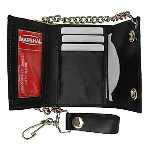 BLACK GENUINE LEATHER Trifold Biker's Wallet ID Card Holder w/Chain Skull