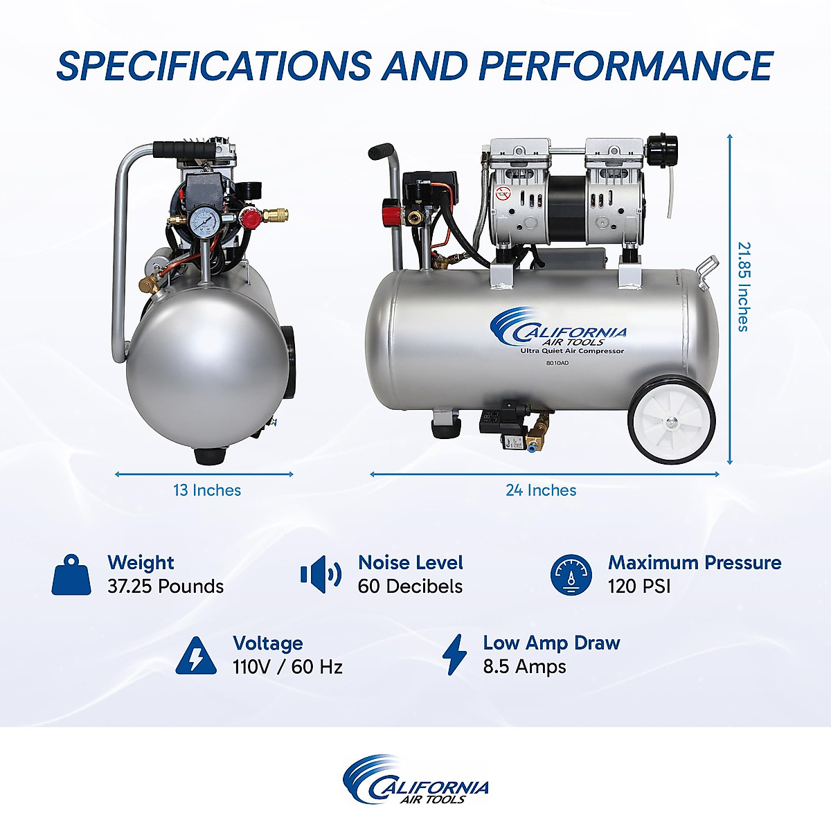 California Air Tools 8010AAD 1.0 HP Ultra Quiet and Oil-Free Air Compressor, 8 Gallon Aluminum Tank, Lightweight with Wheels, 60 dBA Noise Level, with Automatic Drain Valve