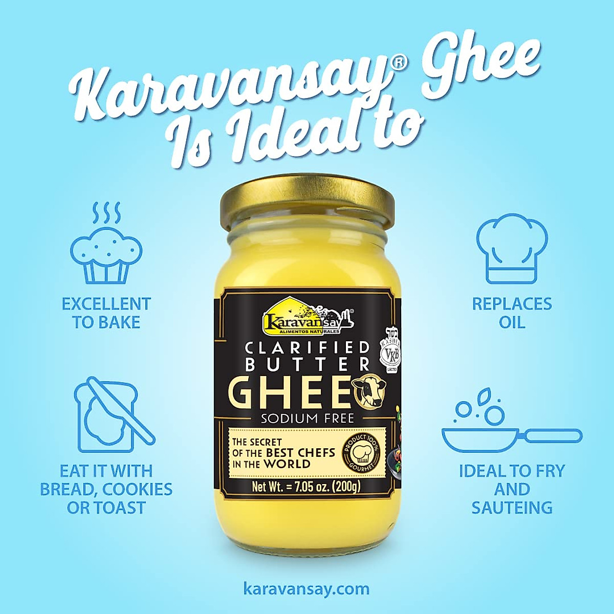 GHEE clarified butter. Natural Flavor - Kosher, Keto Friendly Diet, Gluten Free, Glass Jar x 7.05 oz, Tastes Amazing, Delicious 100% Natural- KARAVANSAY Natural Foods