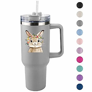 LB LEOBON 40 ounce insulated cup with handle, double-layer vacuum stainless steel material, equipped with straw, can keep warm or maintain cold drinks Easter Rabbit F grey