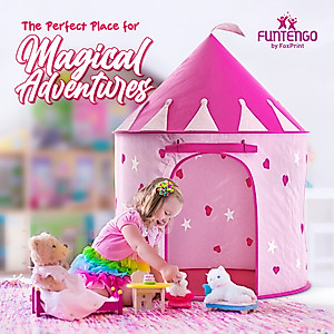 FoxPrint Princess Castle Play Tent with Glow in the Dark Stars Folds in Carrying Case Foldable Pop Up Pink Play Tent/House Toy for Indoor&Outdoor Use