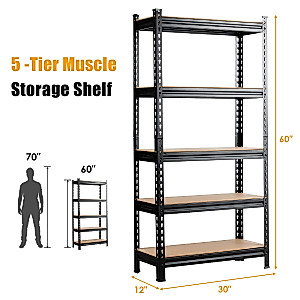 Tangkula 5-Tier Storage Shelves, Heavy Duty Steel Frame Muscle Rack 60in Garage Shelf with Adjustable Shelves, Boltless Shelving Unit for Free Combination, Metal Utility Shelves (2, Black)