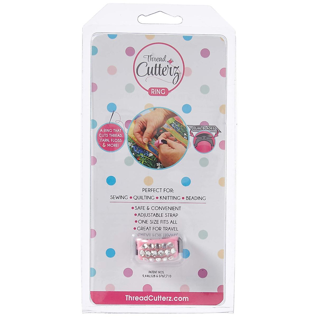 Thread Cutterz Patented Stainless Steel Ring Quick Thread, Yarn & Embroidery Floss Cutter with 3 Rows Clear Crystals - Pink