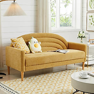 QNZK 63.78" W Modern Loveseat Sofa Simple Assembly 3-Seat Couch for Living Room Wooden Legs Linen Upholstery (Yellow)