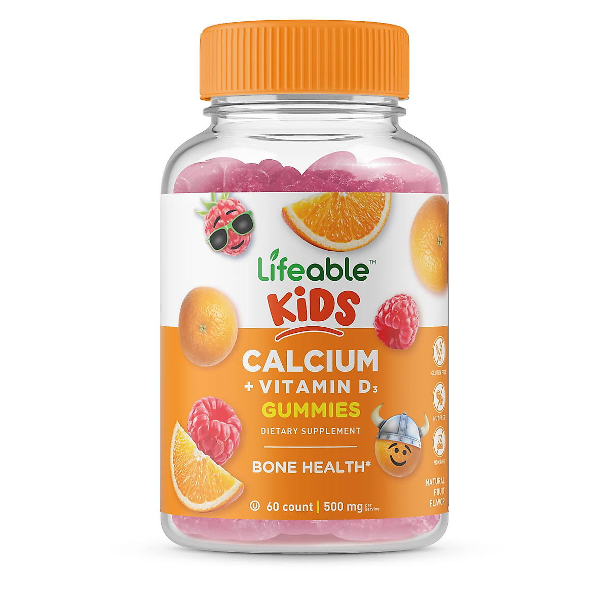Lifeable Calcium 500 mg with Vitamin D3 1000 IU Gummies for Kids - Natural Flavor Vitamin Supplements - Gluten Free GMO-Free Chewable - for Bone, Groth, Teeth - for Children - 60 Gummies
