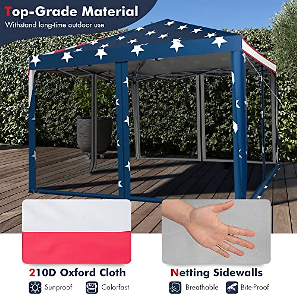 Tangkula 10x10 ft Pop-Up Canopy Tent, Outdoor Canopy Tent with Carry Bag, Waterproof Screen House Room Tent with Netting for Camping, Backyard, Wedding, American Flag Printing