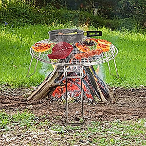 Lineslife Folding 13.4'' Round Campfire Grill Grate, Portable Stainless Steel Camp Fire Cooking Racks with Removable Net 3 Legs for Outdoor Camping Cooking Fire Pit, Silver