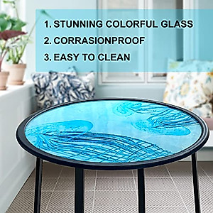 LIFFY Outdoor Side Table, 14" Weather Resistant Metal & Glass Patio Accent Side Table, Indoor Home Decorative End Table, Plant Stands Table Outside, for Yard Balcon Garden Bedside (Blue Jellyfish)
