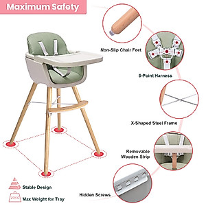 Foho Baby High Chair, Perfect 3 in 1 Convertible Wooden High Chair with Cushion, Removable Tray, and Adjustable Legs for Baby & Toddler (Green)