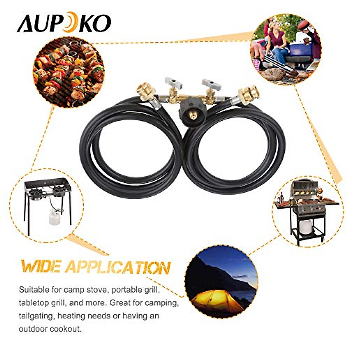 Aupoko Y Splitter CGA Propane Tank Converter Adapter Hose, 5 Feet 2 Way 350PSI High Pressure Extension Hose Assembly with QCC1 / Type1 for 20lbs Gas Tank, Fits for Camping Grill Stove