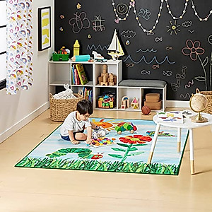 Eric Carle Home Dynamix The Very Hungry Caterpillar Elementary Sun Scene Kids Machine Washable Area Rug, Blue/Green, 35"x51"