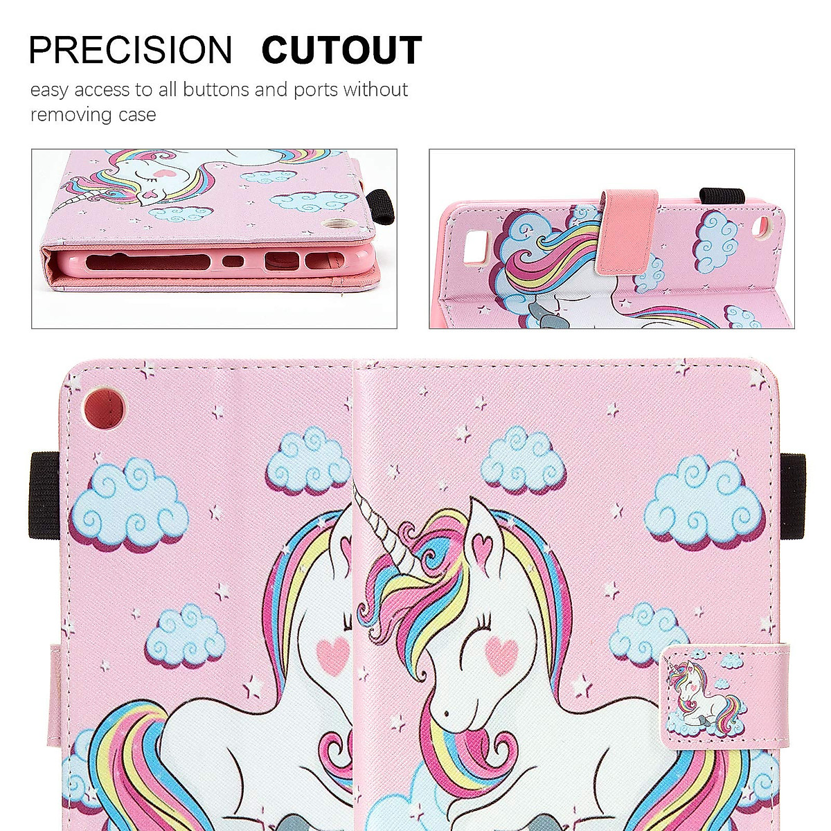 Dteck Case for Fire 7 Tablet (9th/7th/5th Generation, 2019 2017 2015) - Magnetic Folio Cute Case with [Auto Sleep Wake/Adjustable Viewing Stand] Protective Leather Kids Girly Cover (Smile Unicorn)