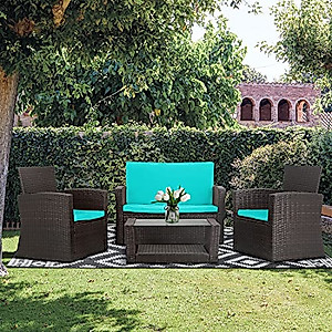 FDW 4 Pieces Conversation Set Patio Sofas Wicker Outdoor Patio Furniture Sets Sectional Sofa Rattan Chair Outdoor Backyard Porch Poolside Balcony Garden Furniture with Coffee Table (Blue Cushion)