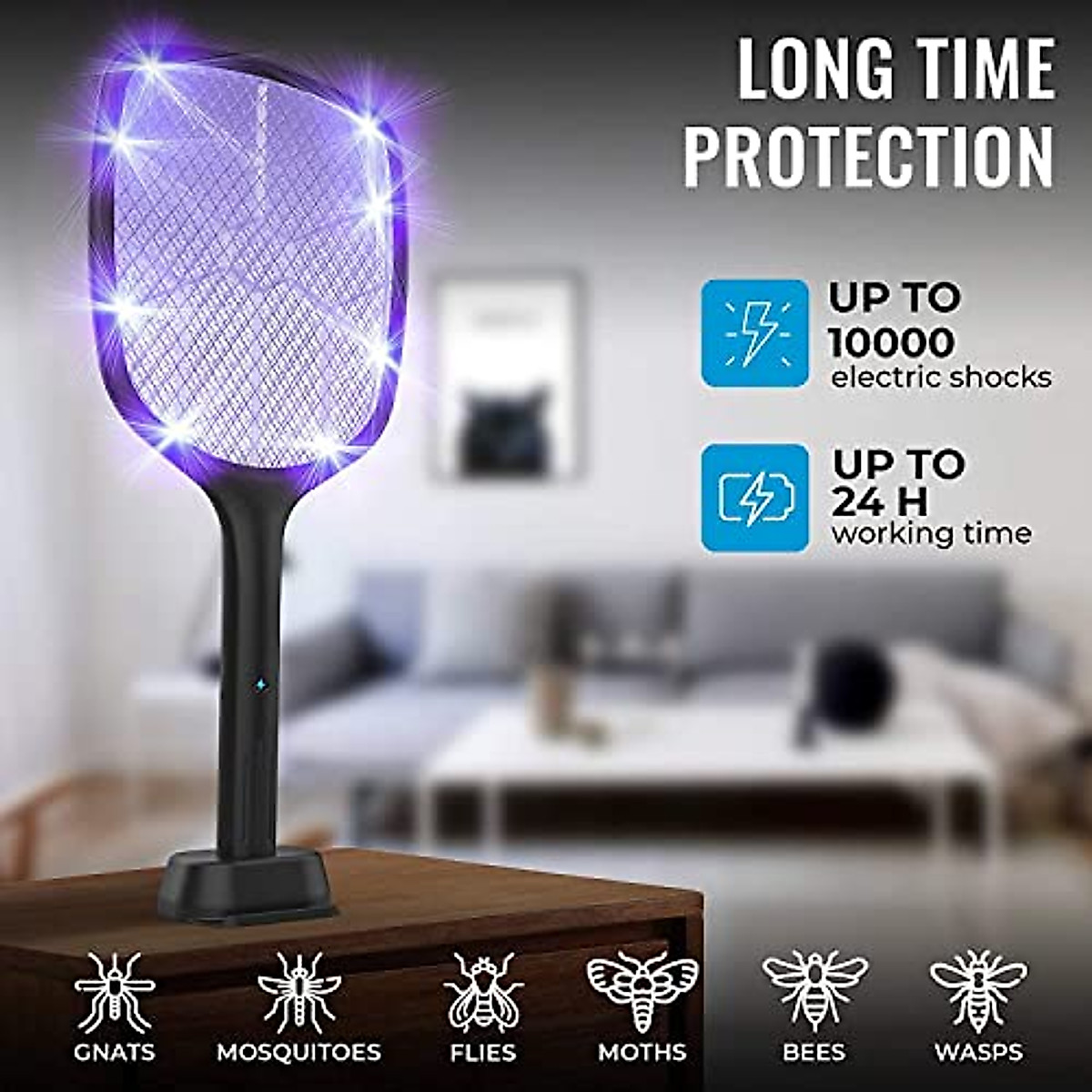 2 in 1 Electric Fly Swatter & Mosquito Killer Lamp with 4000V Effective Powerful Grid, Rechargeable Bug Zapper for Home, Camping, Indoor/Outdoor Pest Control, with Double Safety Mesh, LED Light Black