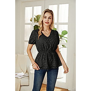 GRACE KARIN Women's Peplum Tops 2023 Summer V Neck Ruffle Short Sleeve Blouse Jacquard Flowy Shirt Tunic Top Black