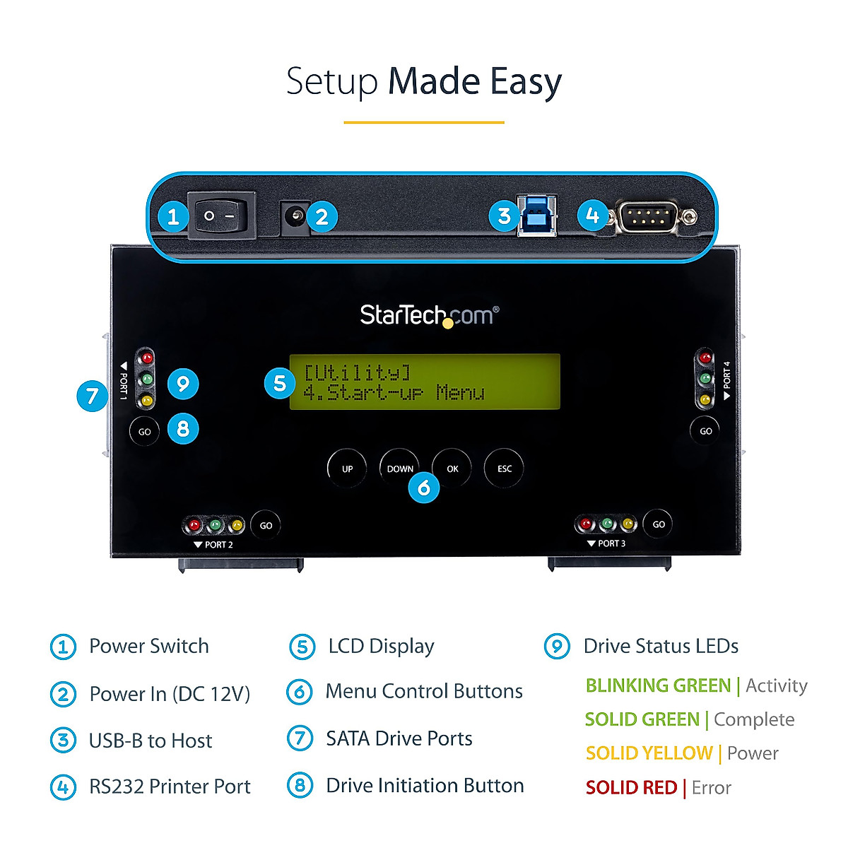 StarTech.com 4 Bay SSD/HDD Hard Drive Eraser, 2.5/3.5" SATA, Hostless Standalone Secure Erase, Disk Sanitizer, Hardware Wiper Erasing Tool, 9 Modes, RS232 Printer Port, NIST/DOD, LCD, TAA (SATERASER4)
