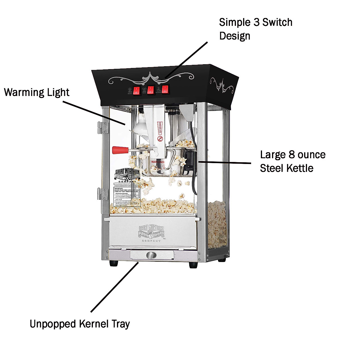 Matinee Popcorn Machine - 8oz Popper with Stainless-Steel Kettle, Reject Kernel Tray, Warming Light, and Accessories by Great Northern Popcorn (Black)