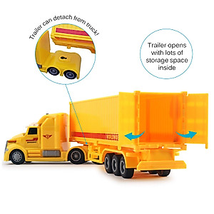 Vokodo Toy Semi Truck Trailer 14.5" Friction Powered with Lights and Sound Back Opens Kids Push and Go Big Rig Carrier Transport Vehicle Semi-Truck Pretend Play Car Great Gift for Children Boys Girls