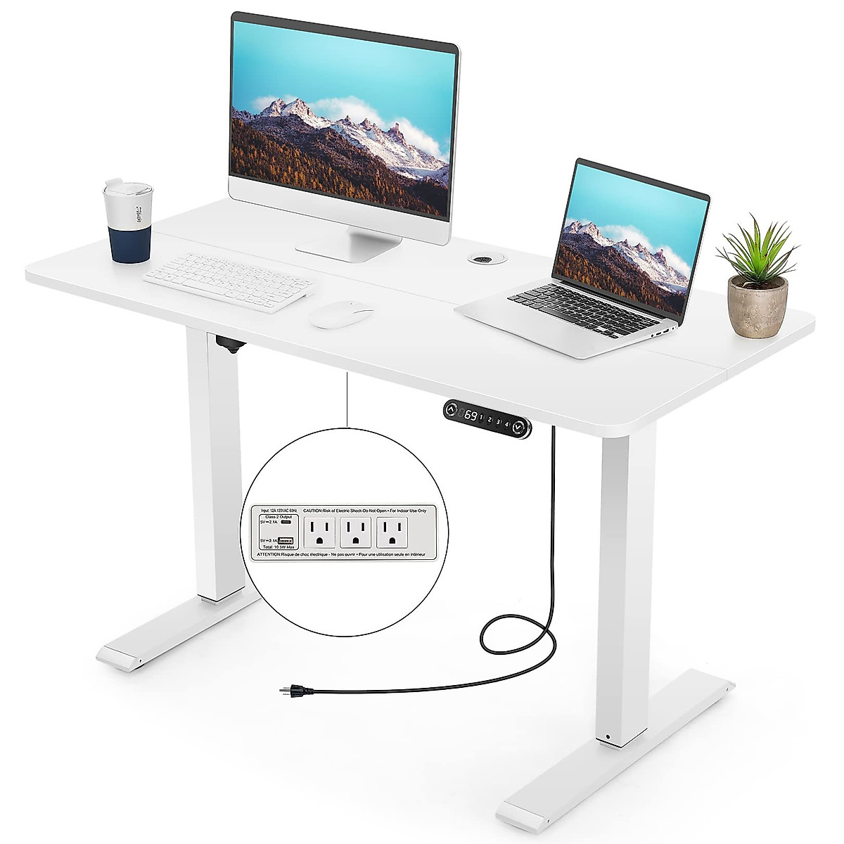 farexon Adjustable Standing Desk, 48in Raising Desk Ergonomic Desk with 2 USB Ports & 3 Power Outlets, and 6.5 ft Power Cord, Height Adjustable Desk with Double Crossbeam Structure, White