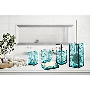 Acrylic Bathroom Accessories Set, 5 Piece Teal Blue Bathroom Vanity Accessory Set with Toothbrush Holder Tumbler Soap Dispenser Soap Dish Toilet Brush Set, Elegant Bathroom Decor and Gift Set