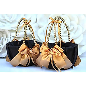 Flower Girl Basket and Ring Bearer Pillow Set Black Gold Wedding Basket Gold Ring Pillow Wedding Ring Pillow Gold Pearl Handle Baske (Black as Picture, 1 Pillow + 1 Basket)