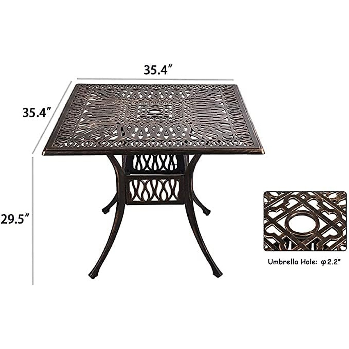 QUYZE Patio Dining Table, 35" Outdoor Patio Table with Umbrella Hole Bronze Square Cast Alluminum Patio Metal Dining Table, Outdoor Furniture for Backyard Lawn Balcony Deck