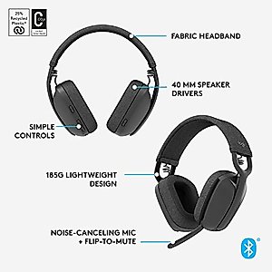 Logitech Zone Vibe 100 Lightweight Wireless Over Ear Headphones with Noise Canceling Microphone, Advanced Multipoint Bluetooth Headset, Works with Teams, Google Meet, Zoom, Mac/PC - Graphite